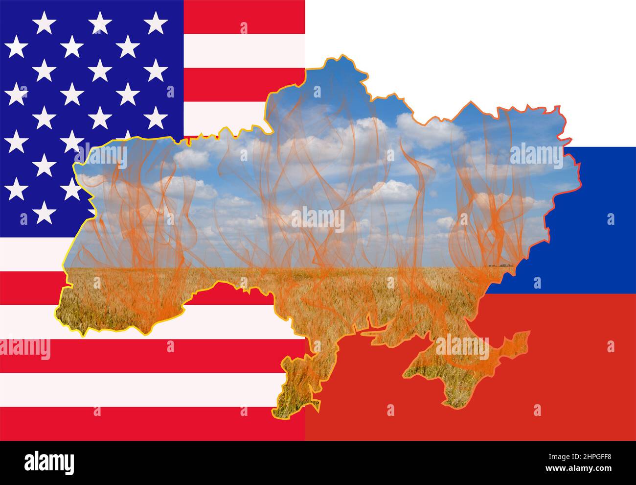 Ukraine map with wheat field on fire. Outline map of Ukraine against ...
