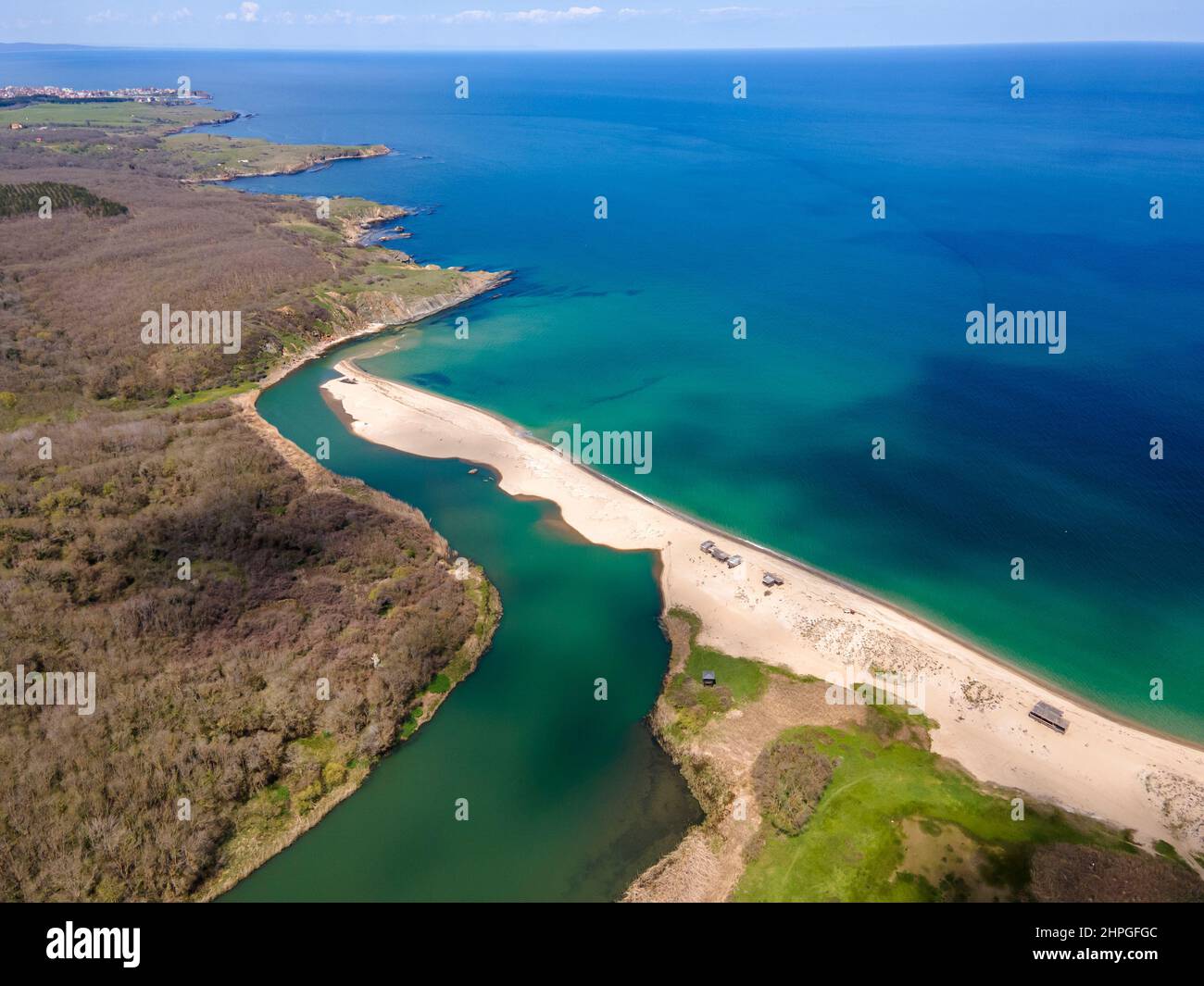 Aerial view of beach at the mouth of the Veleka River, Sinemorets village, Burgas Region ...