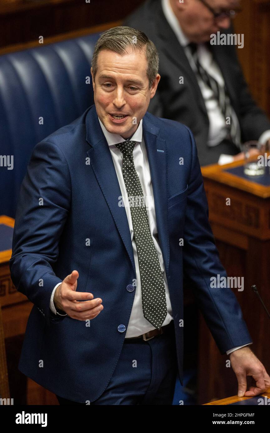 DUP MLA Paul Givan speaking in the Northern Ireland Assembly chamber at ...