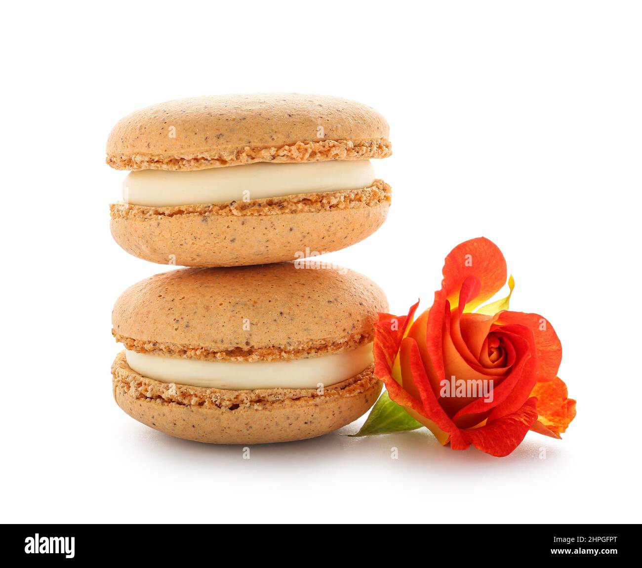 Tasty macaroons and rose flower on white background Stock Photo - Alamy