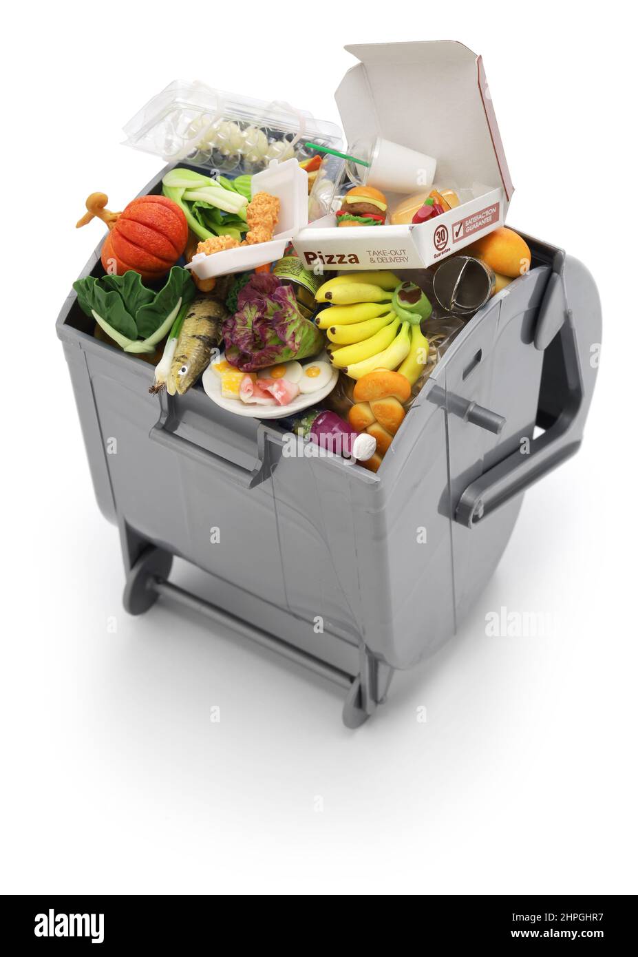 Garbage trash can, Image of food waste made in miniature. The letters ...
