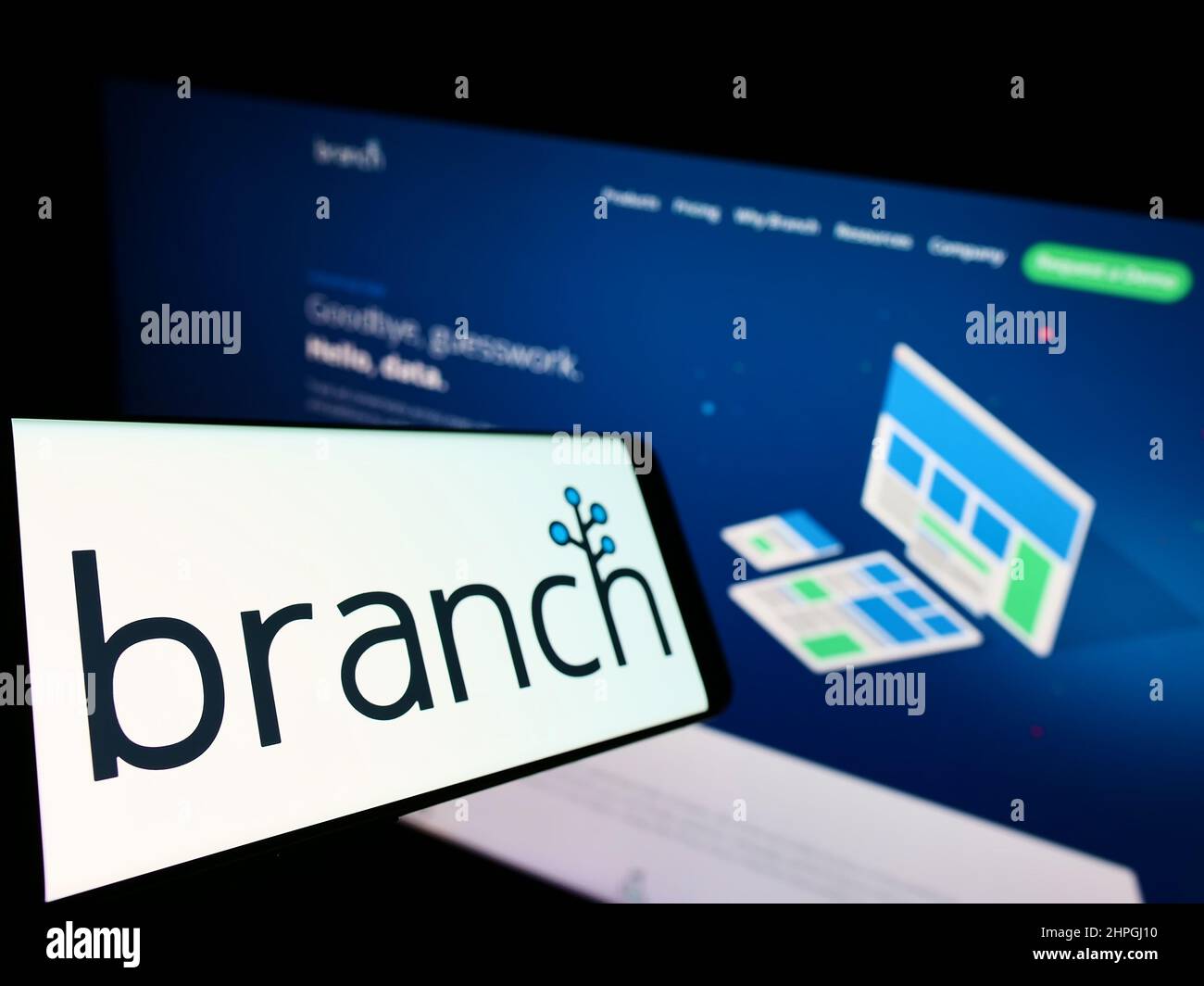 Cellphone with logo of American company Branch Metrics Inc. (branch.io ...