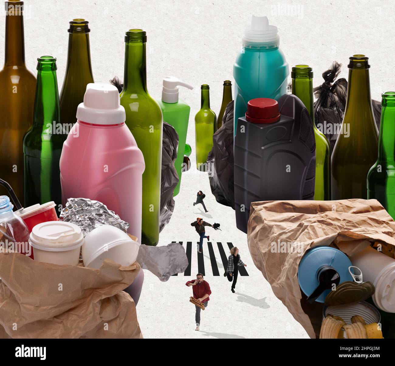 Garbage-monster. Tiny men and women in city made of rubbish, plastic ...