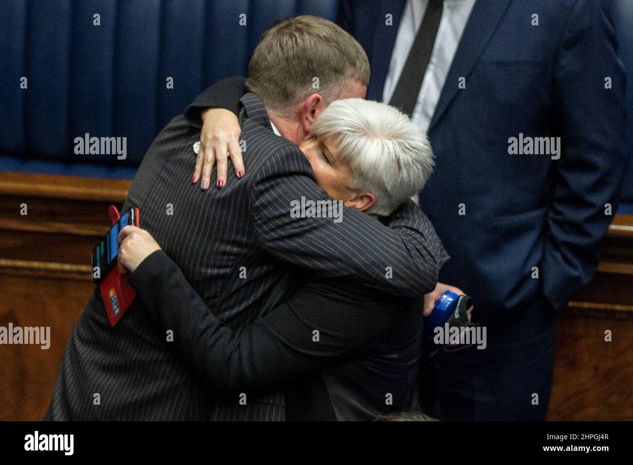 DUP MLAs Mervyn Storey and Joanne Bunting embrace in the Northern ...