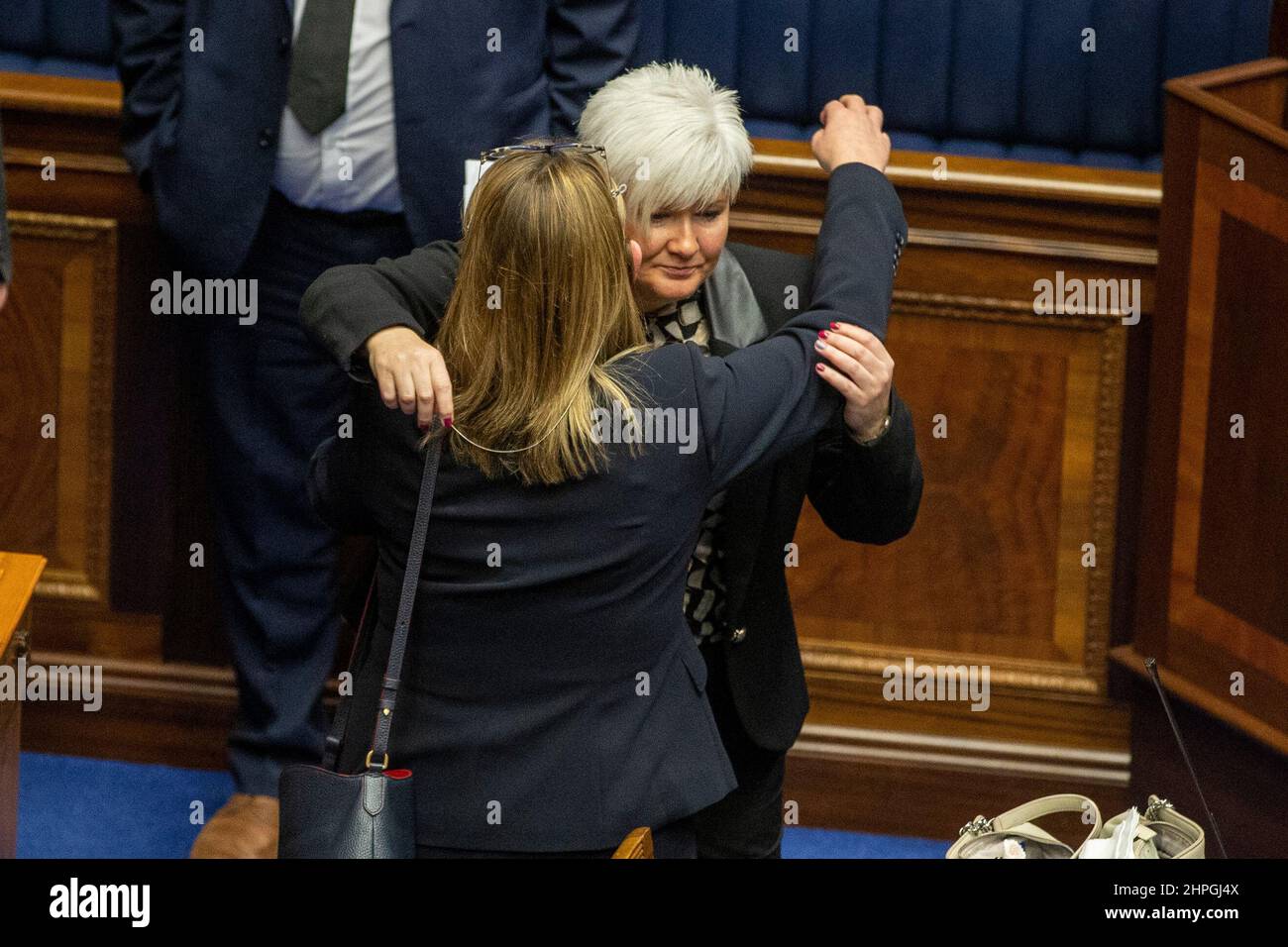 DUP MLAs Paula Bradley (left) and Joanne Bunting embrace in the ...