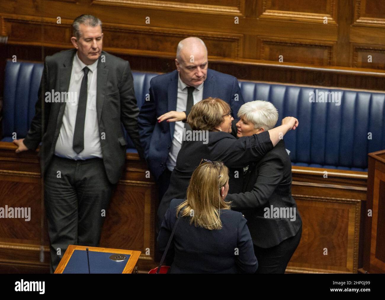 SDLP MLA Dolores Kelly (left) embraces DUP MLAs Joanne Bunting (right ...