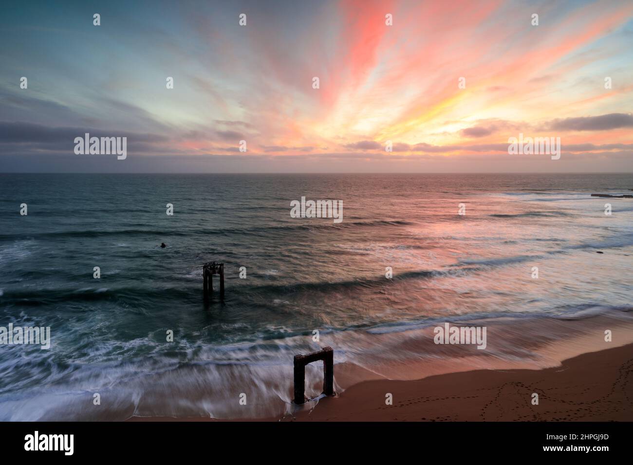 Dramatic Sunset over Davenport Abandoned Pier. Davenport, Santa Cruz ...