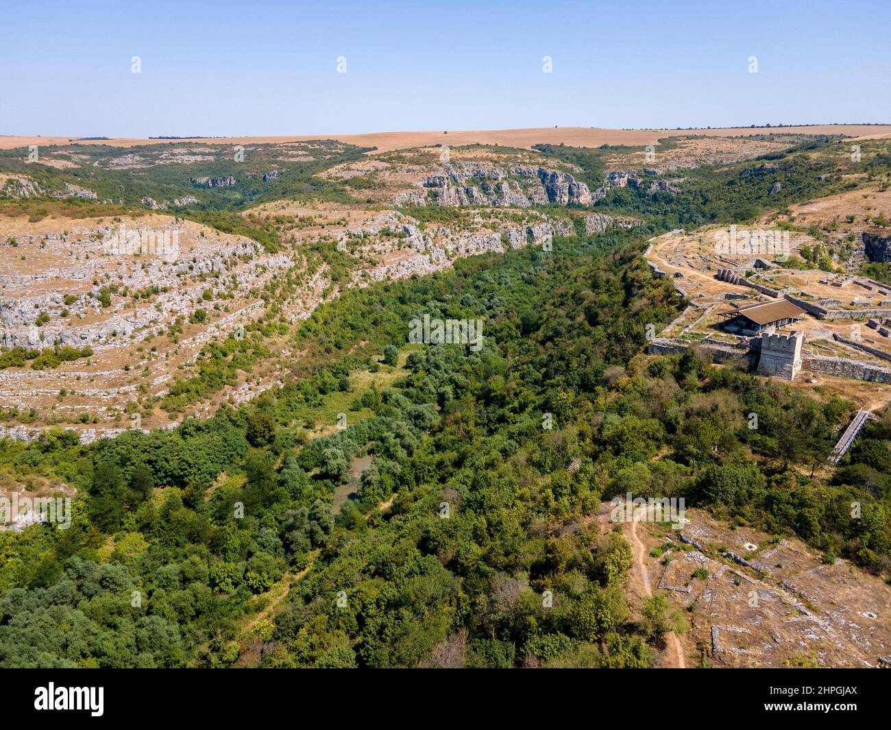 Aerial view of Ruins of medieval fortificated city of Cherven from ...