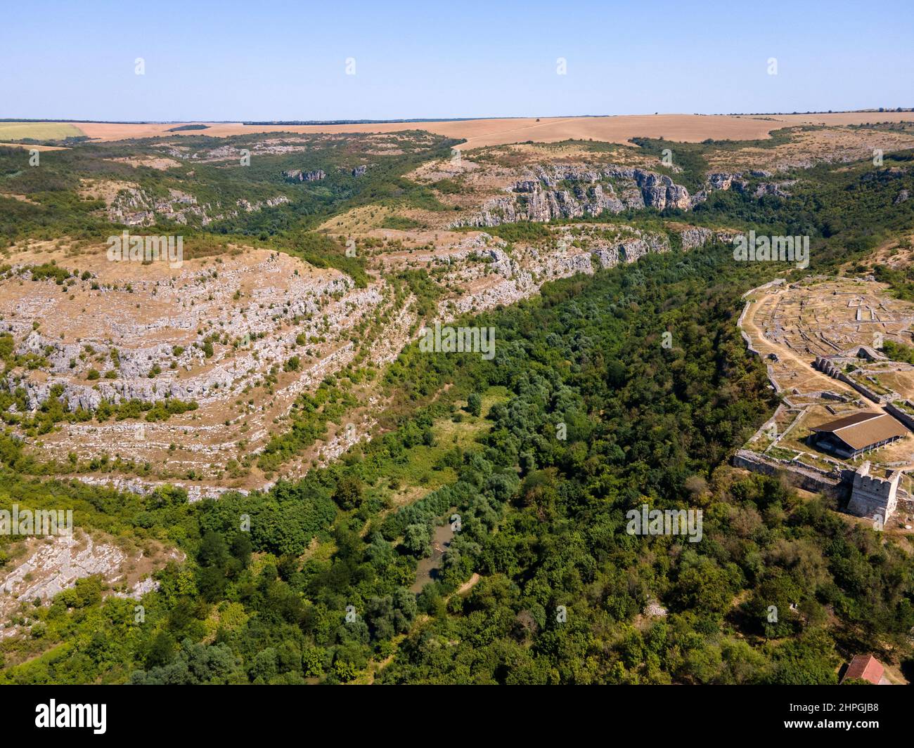 Aerial view of Ruins of medieval fortificated city of Cherven from ...