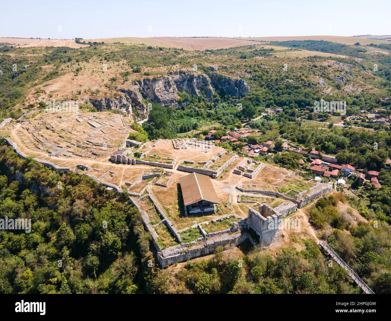 Aerial view of Ruins of medieval fortificated city of Cherven from ...
