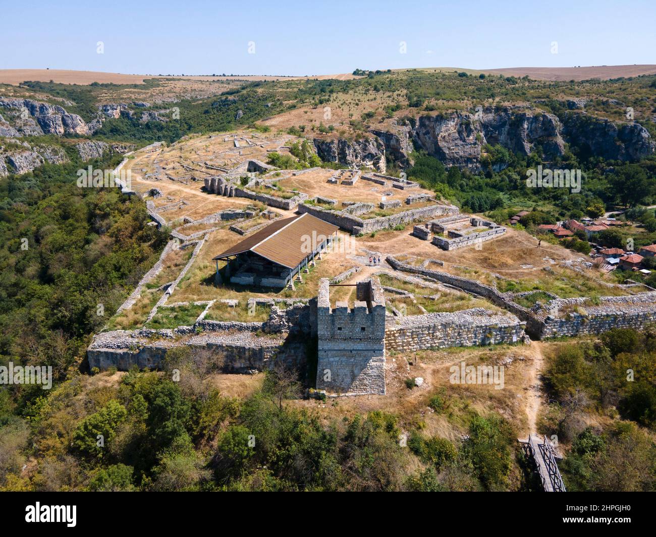 Aerial view of Ruins of medieval fortificated city of Cherven from ...