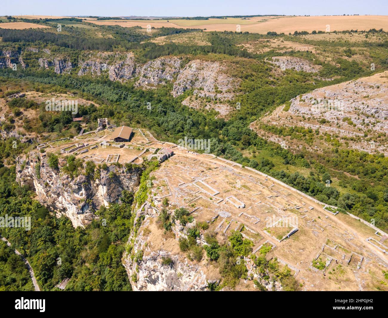 Aerial view of Ruins of medieval fortificated city of Cherven from ...