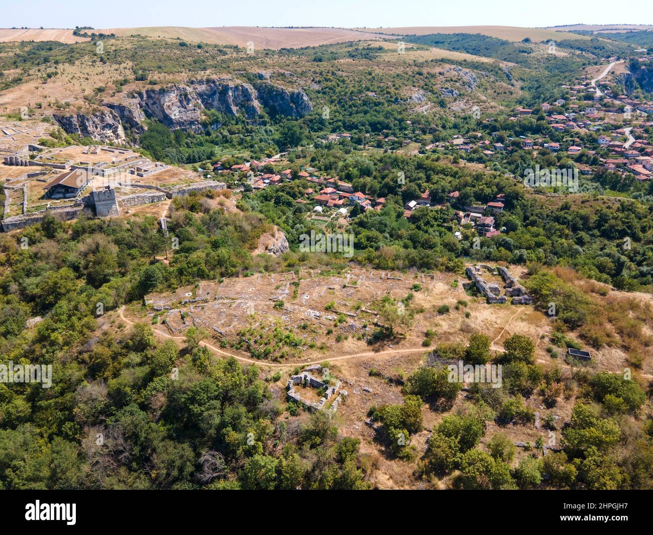 Aerial view of Ruins of medieval fortificated city of Cherven from ...