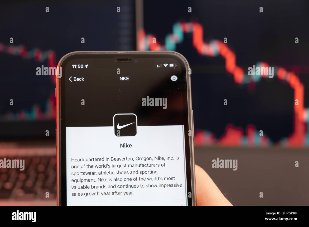 Nike stock price downtrend with red graphs on the background. Man hands ...