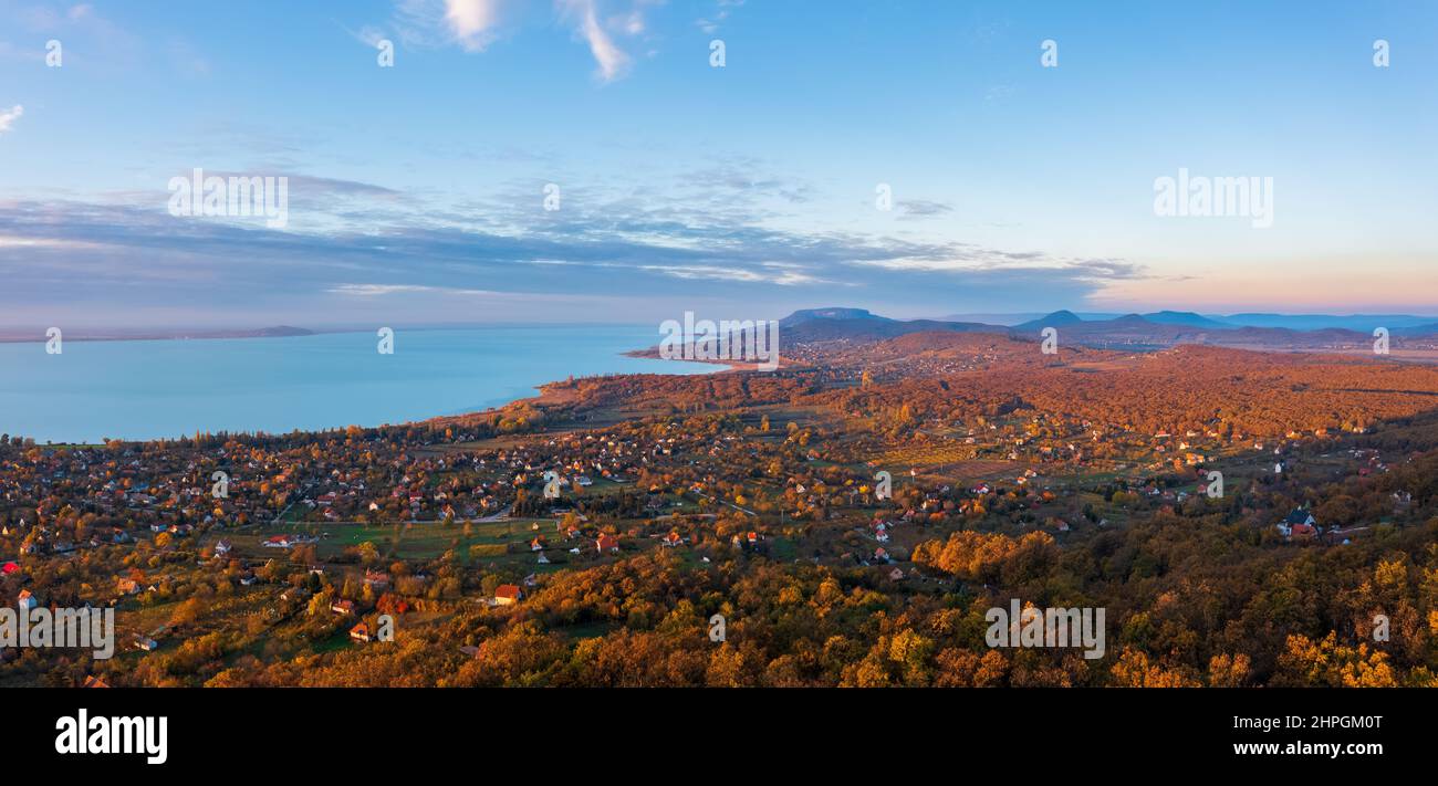 Aerial panoramic view about Révfülöp and Balaton Uplands with Badacsony ...