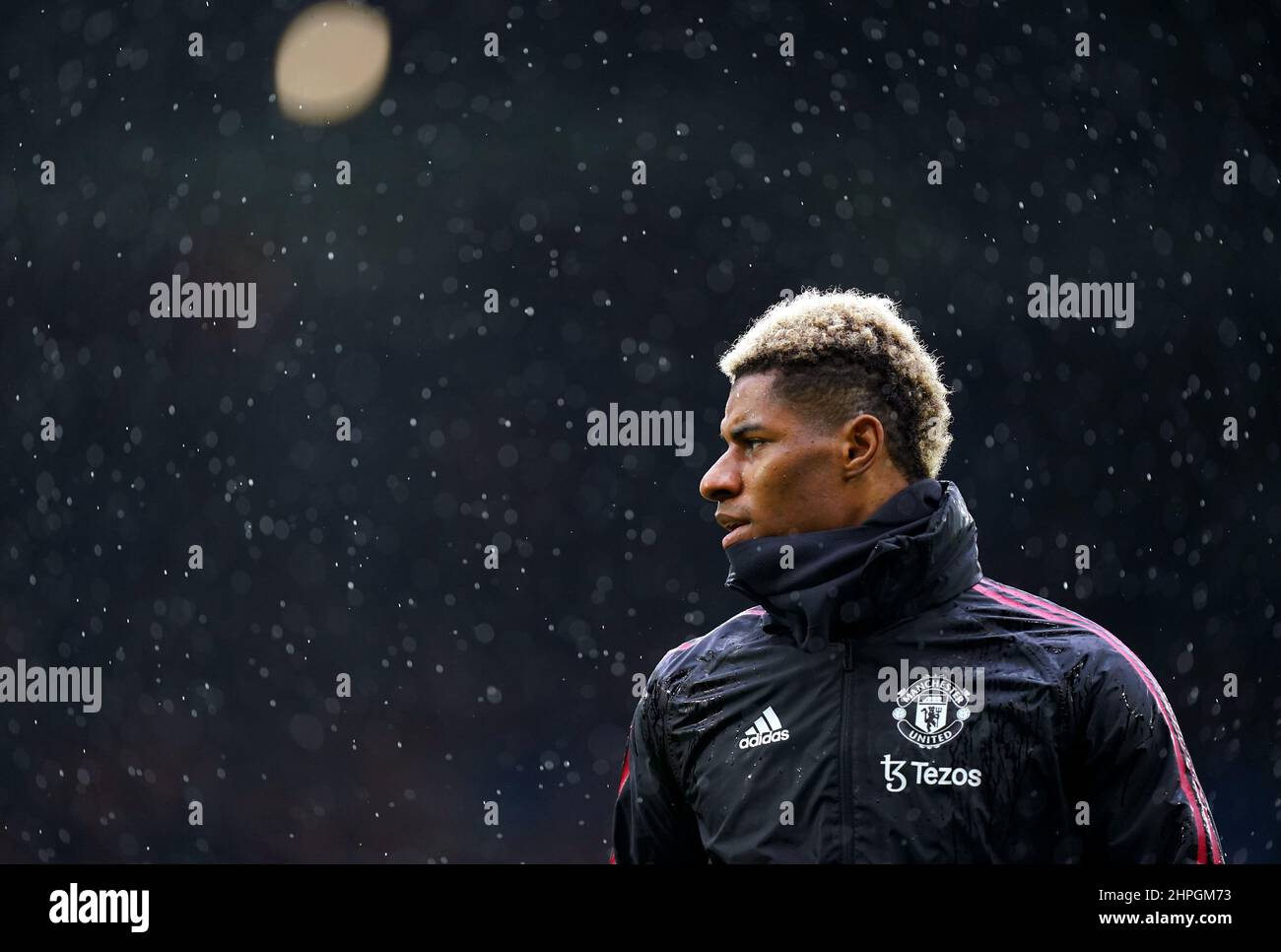 Manchester United's Marcus Rashford warms up on the pitch ahead of the ...