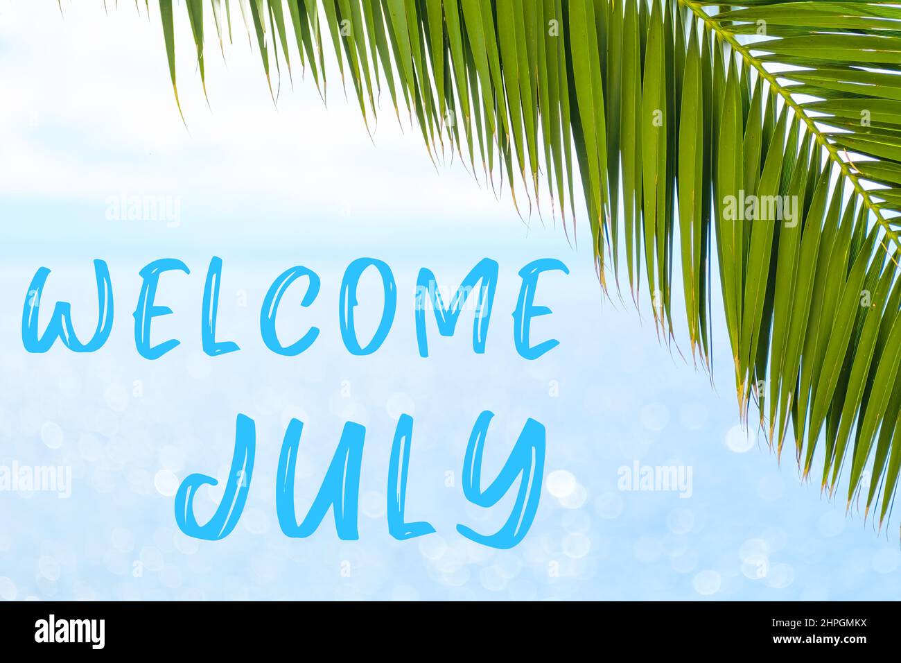 Welcome July text on the background with palm leaf and blue sea ...