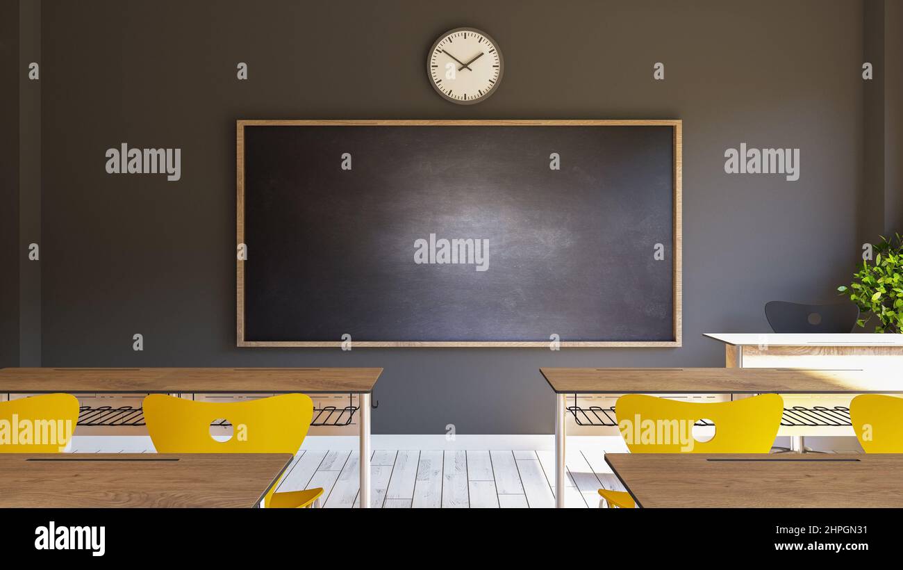 Empty interior of classic school classrooms with black chalk on the ...