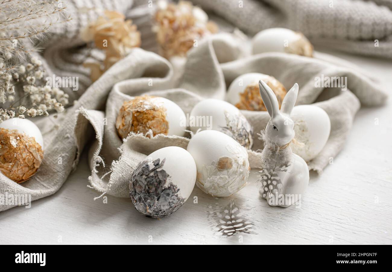 Easter festive background with decorative eggs in pastel colors Stock ...