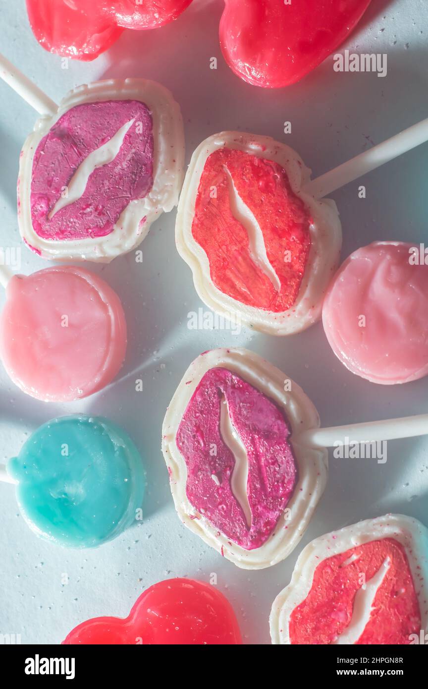 Various lollipops with light blue background,lollipop texture for ...