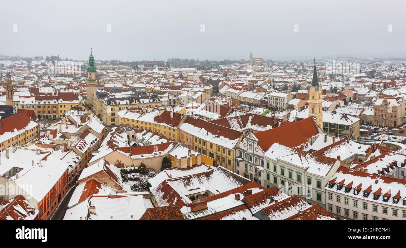 Aerial panoramic view about Sopron downtown. Winter cityscape with ...