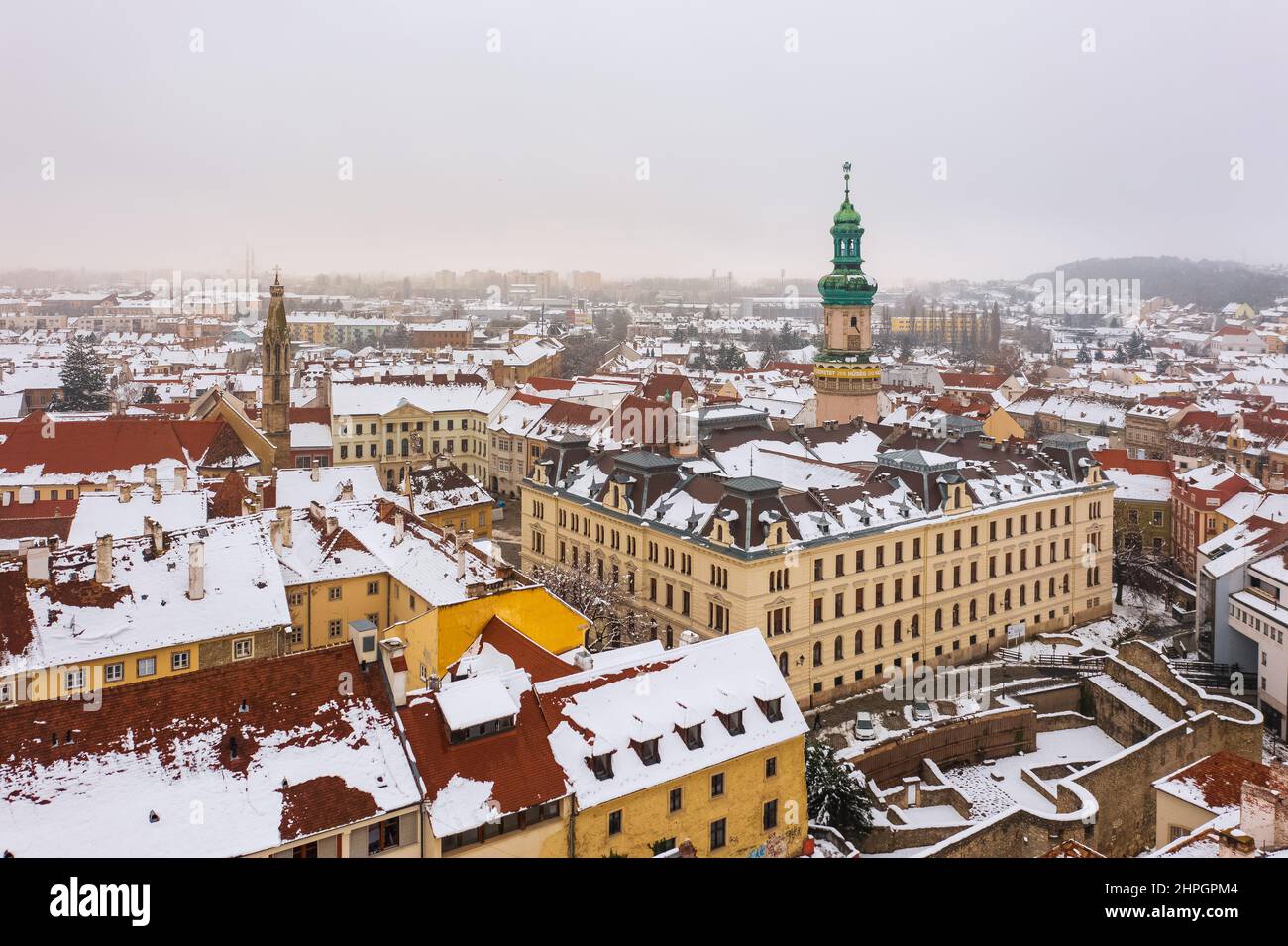 Aerial view about the iconic Fire tower and Sopron city hall in the ...