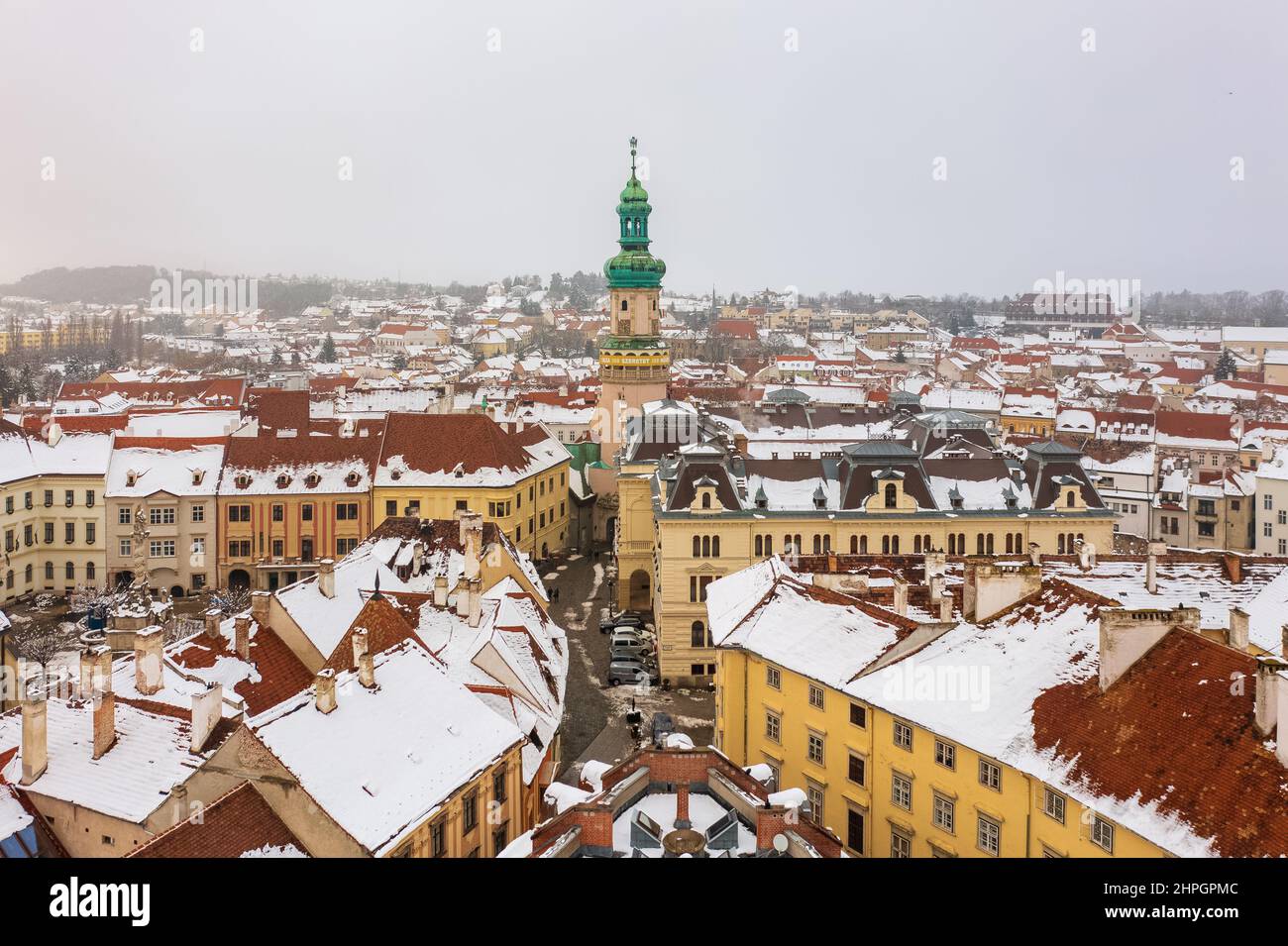 Aerial view about the iconic Fire tower and Sopron city hall in the ...