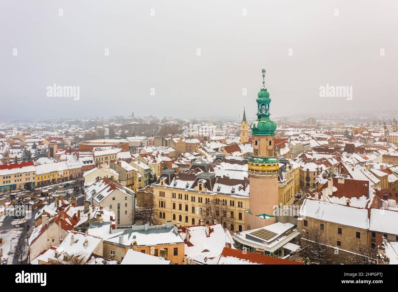 Aerial view about the iconic Fire tower and Sopron city hall in the ...