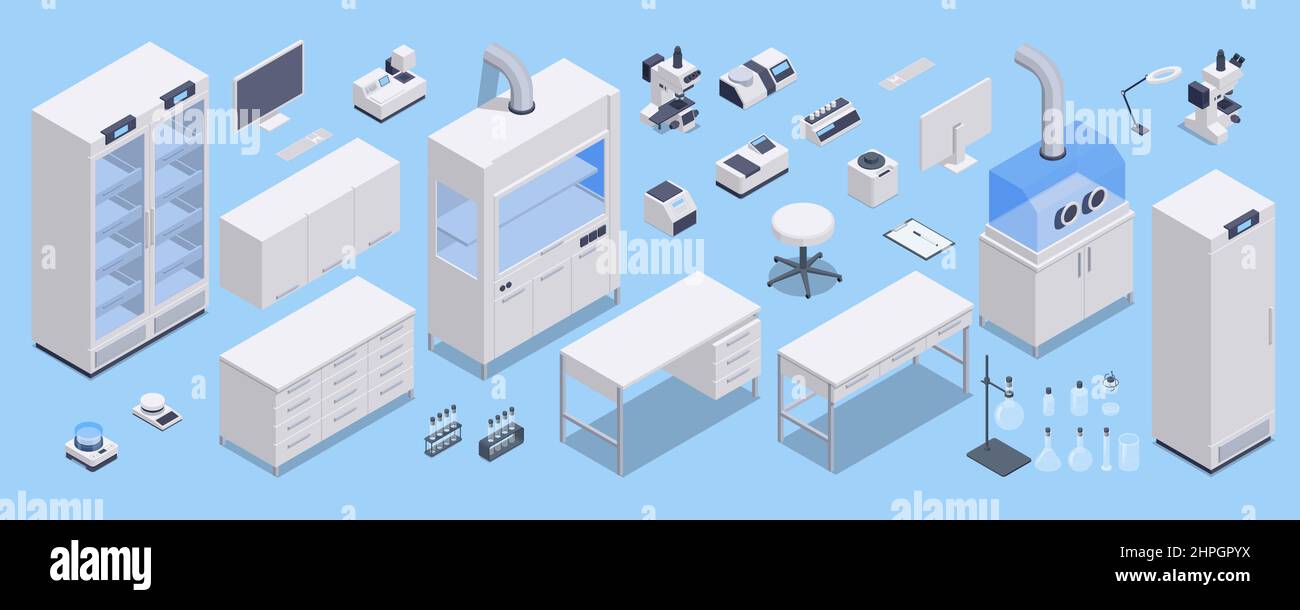 Isometric set equipments of scientist chemical laboratory. Various ...