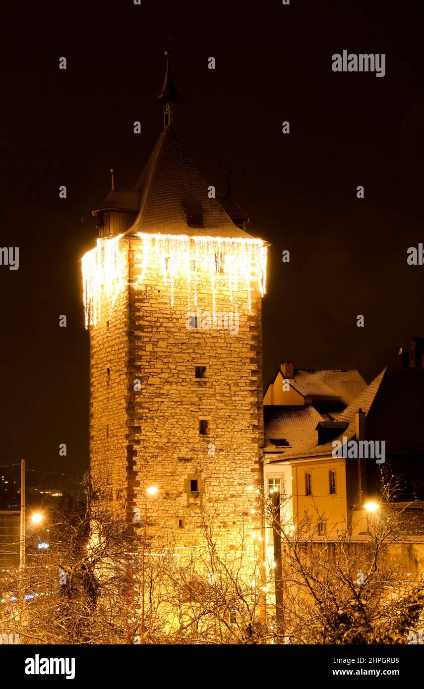 Illuminated Traditional Tower in Europe during Christmas season Stock ...