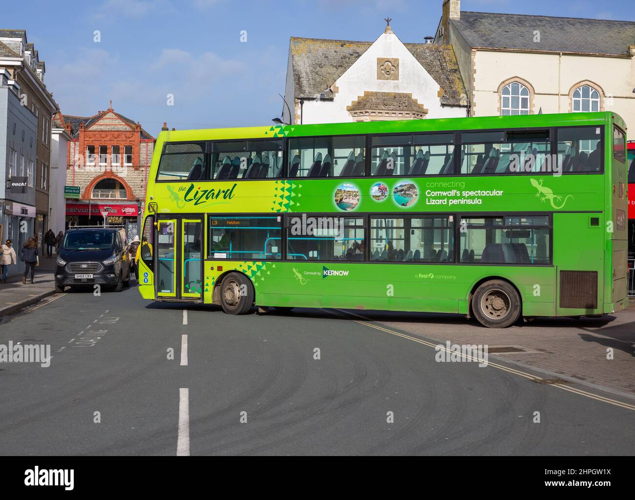 A green double decker bus leaving Truro Bus Station, Cornwall,uk Stock ...