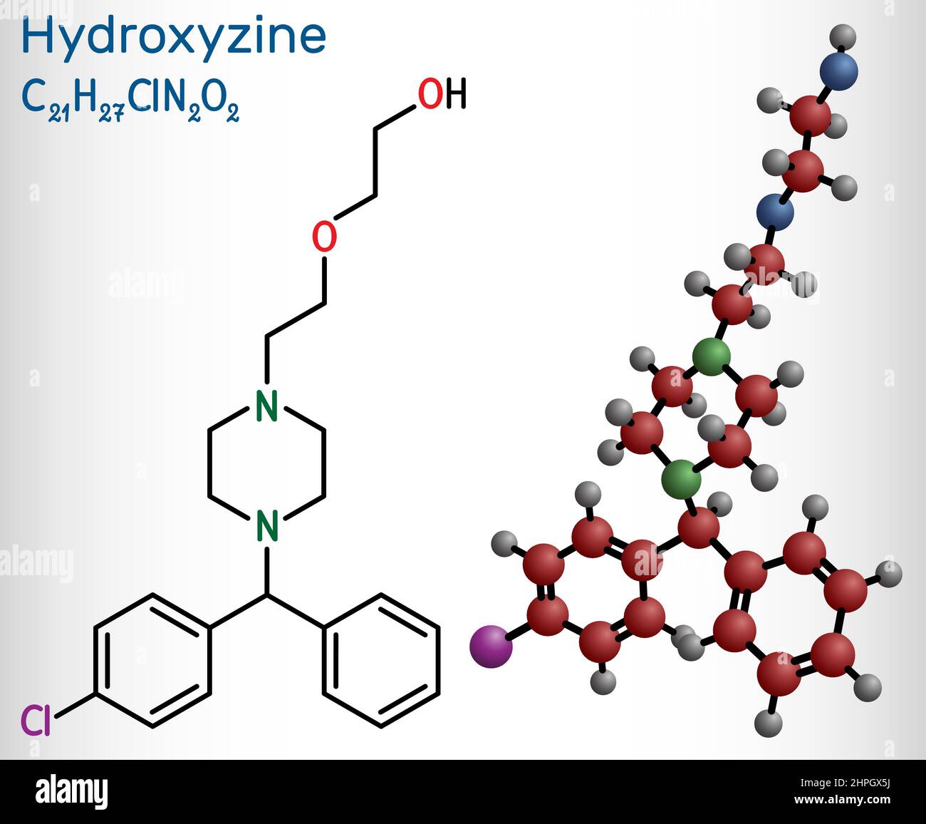 Hydroxyzine molecule. It is antihistamine drug, used to treat anxiety ...