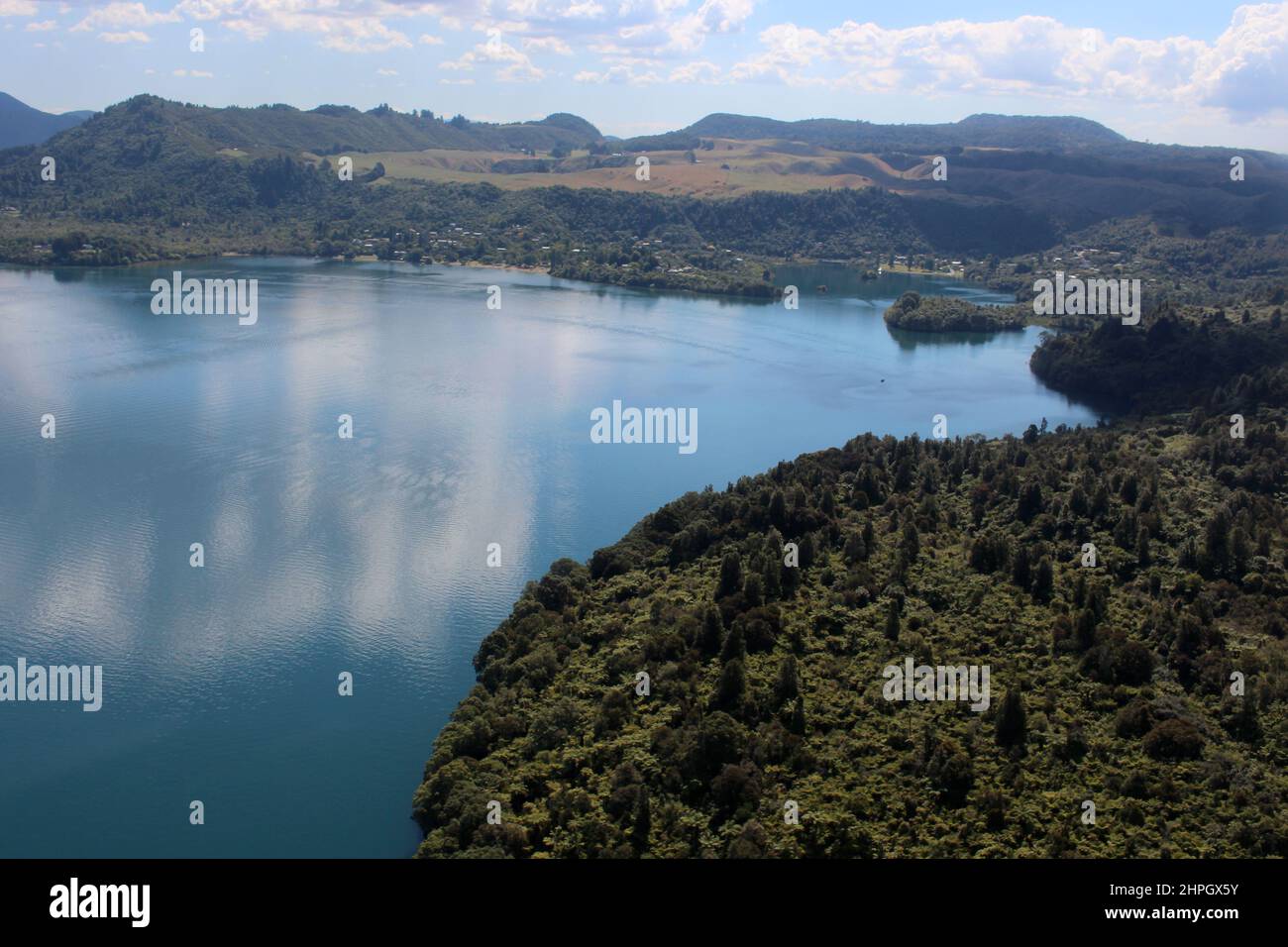 Lake Rotorua seen from a helicopter, North Island, New Zealand Stock ...