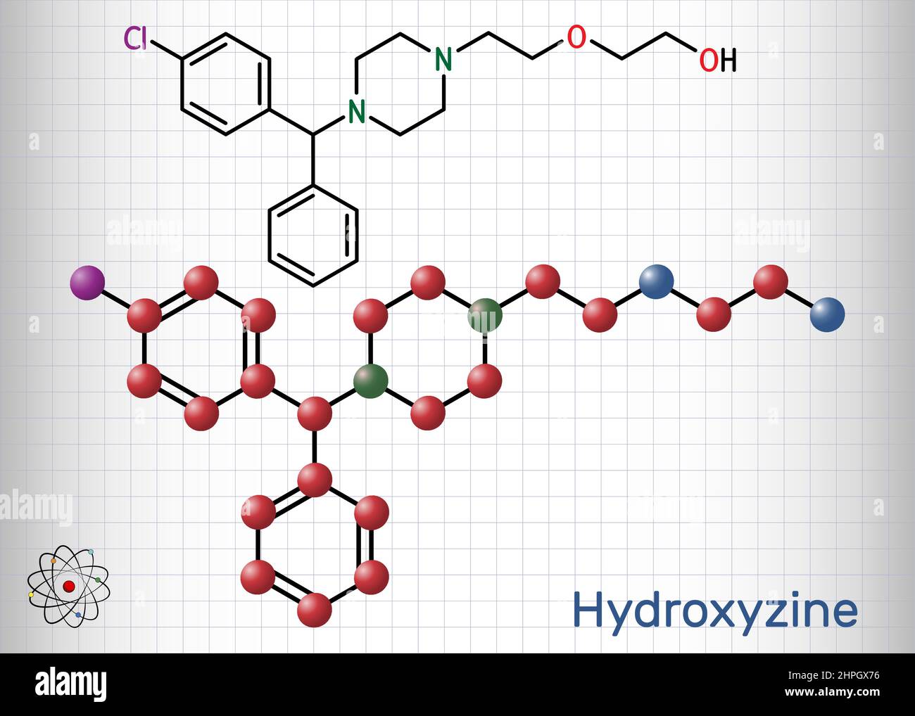 Hydroxyzine molecule. It is antihistamine drug, used to treat anxiety ...