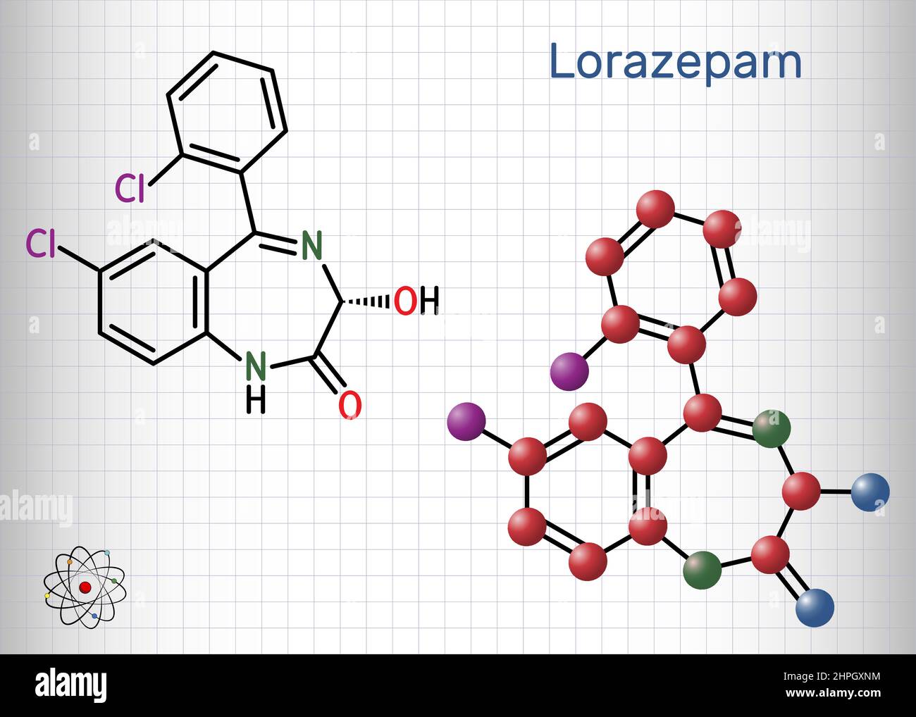 Lorazepam molecule. It is benzodiazepine with sedative, anxiolytic ...