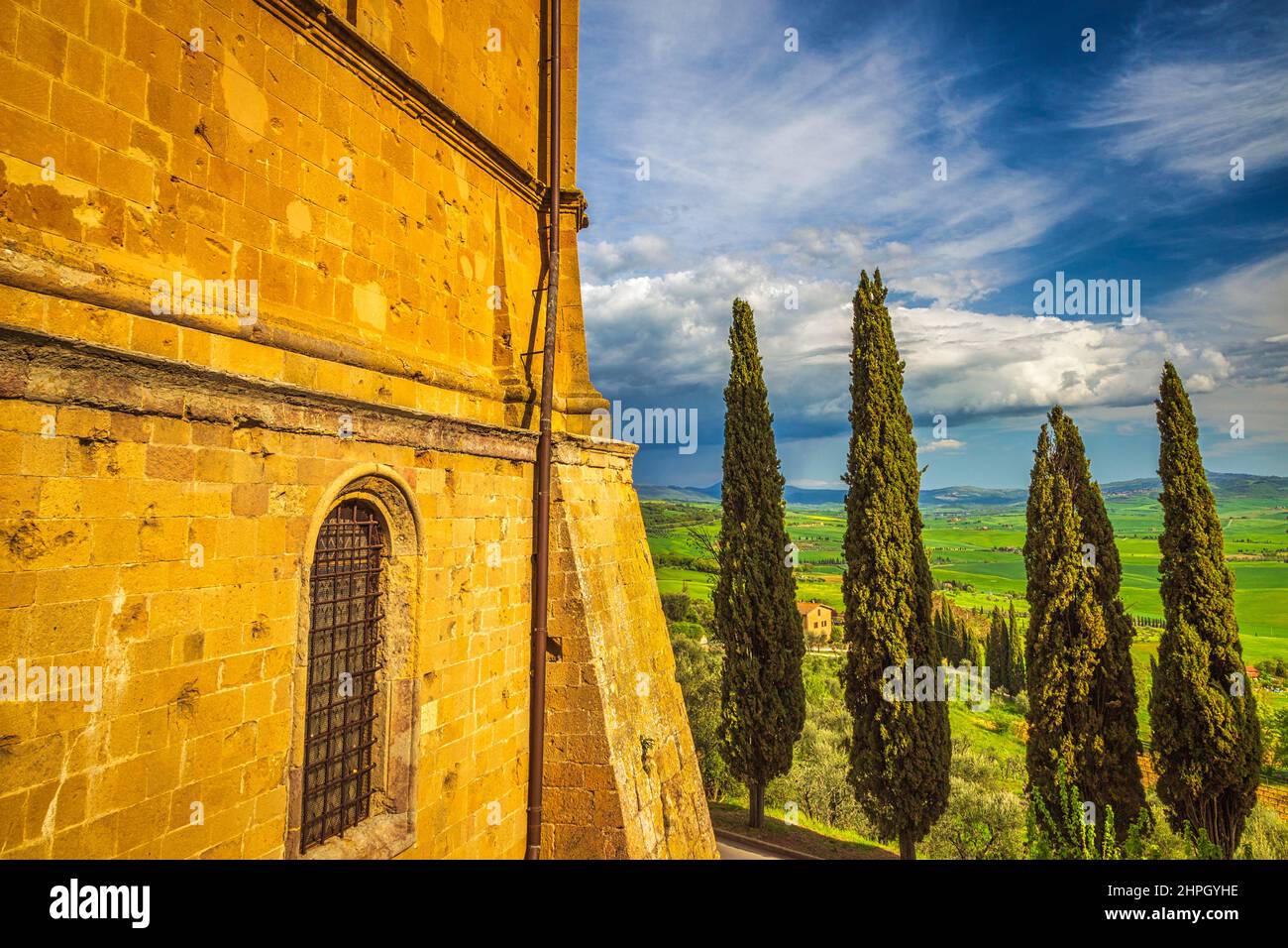Pienza town with a surrounding countryside of the Val d'Orcia valley in ...