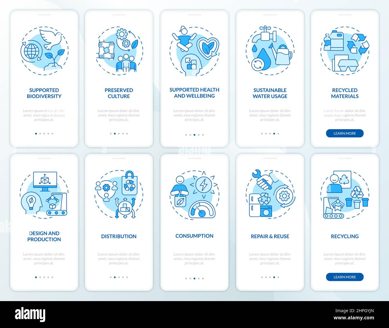 Circular economy practices blue onboarding mobile app screen set Stock ...
