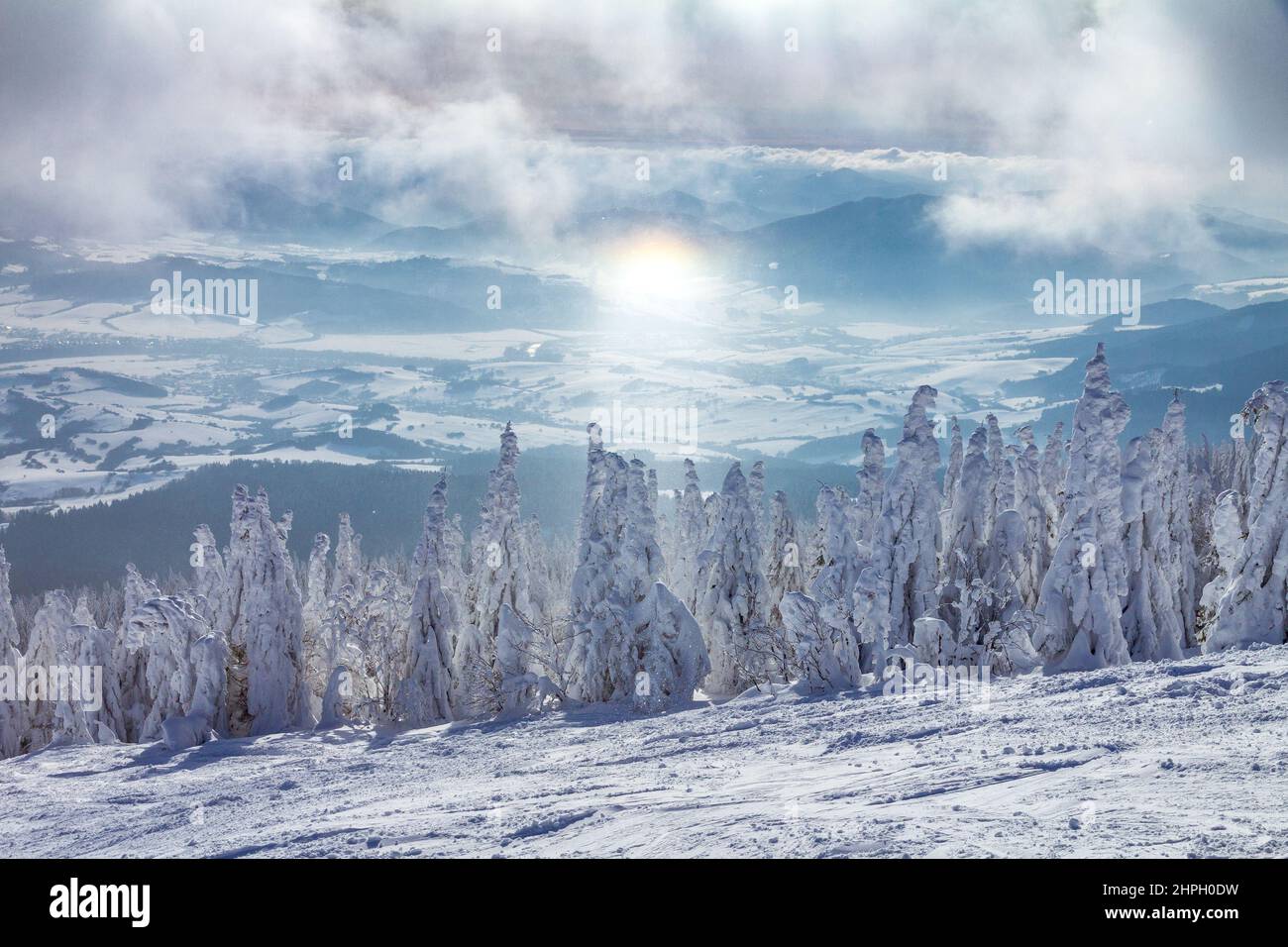Beautiful scenery of the snowy winter landscape. View from Kubinska ...