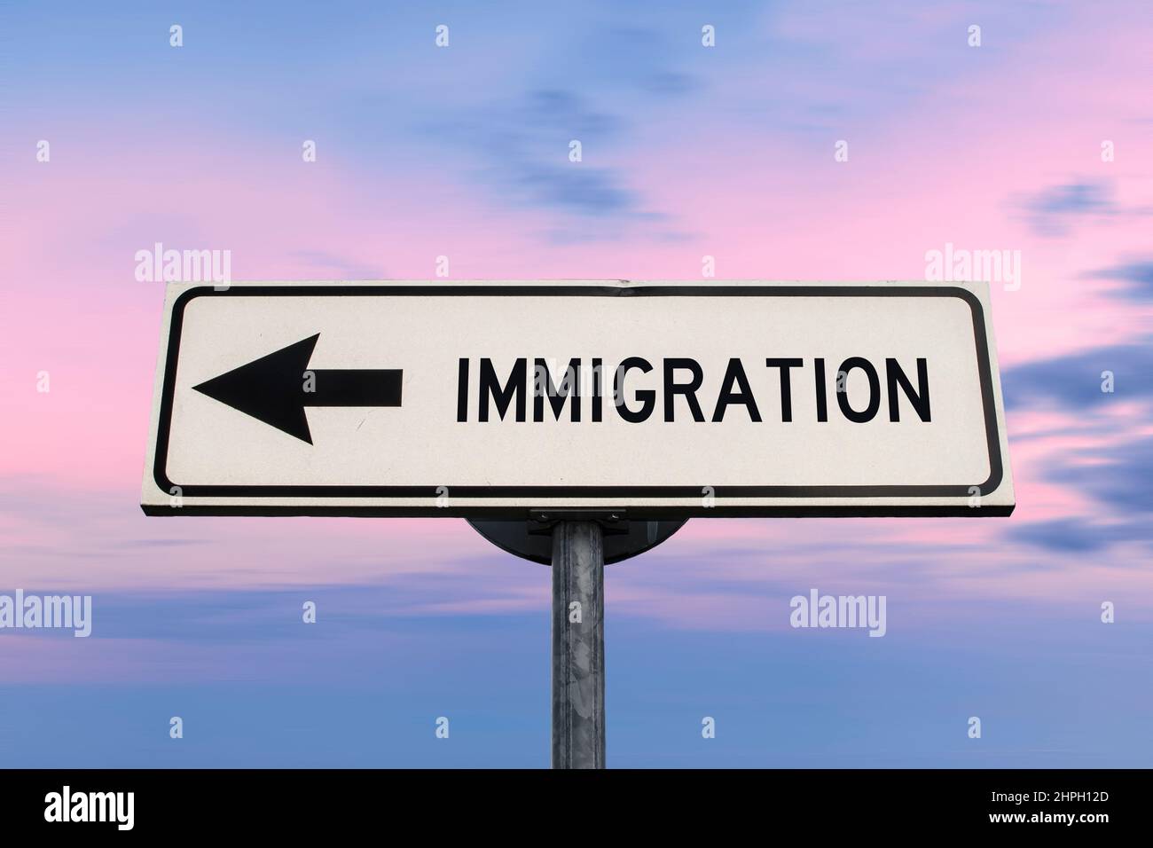 Immigration road sign, arrow on pink sunset sky background. One way ...