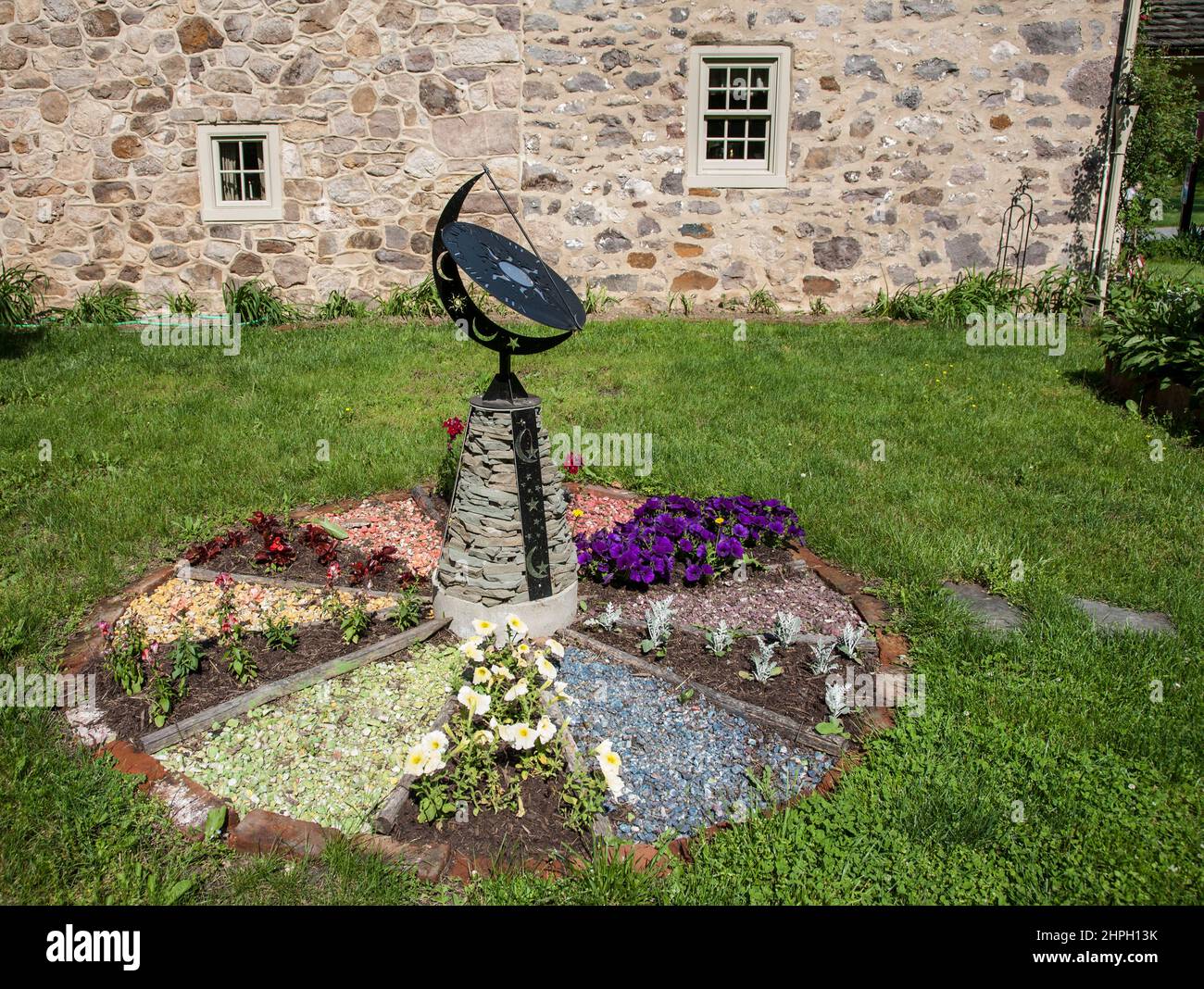 Sundial in a flower garden on a farm in Lancaster county, Pennsylvania ...