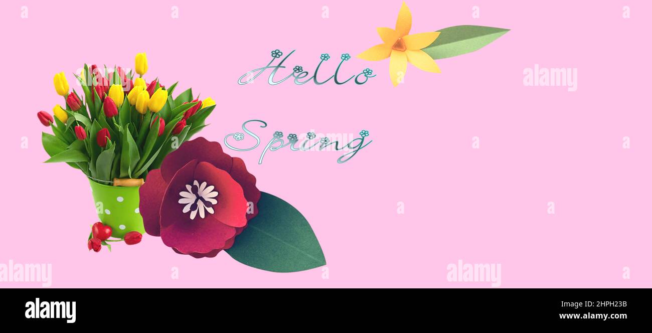Hello spring background with flowers and butterflies Stock Photo - Alamy