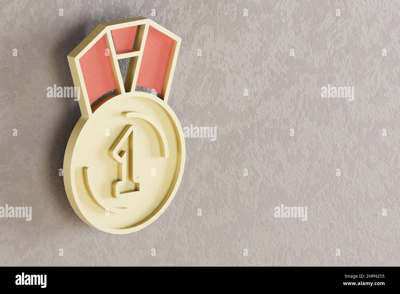Beautiful golden medal 1 first symbol on wall bright background. 3d ...