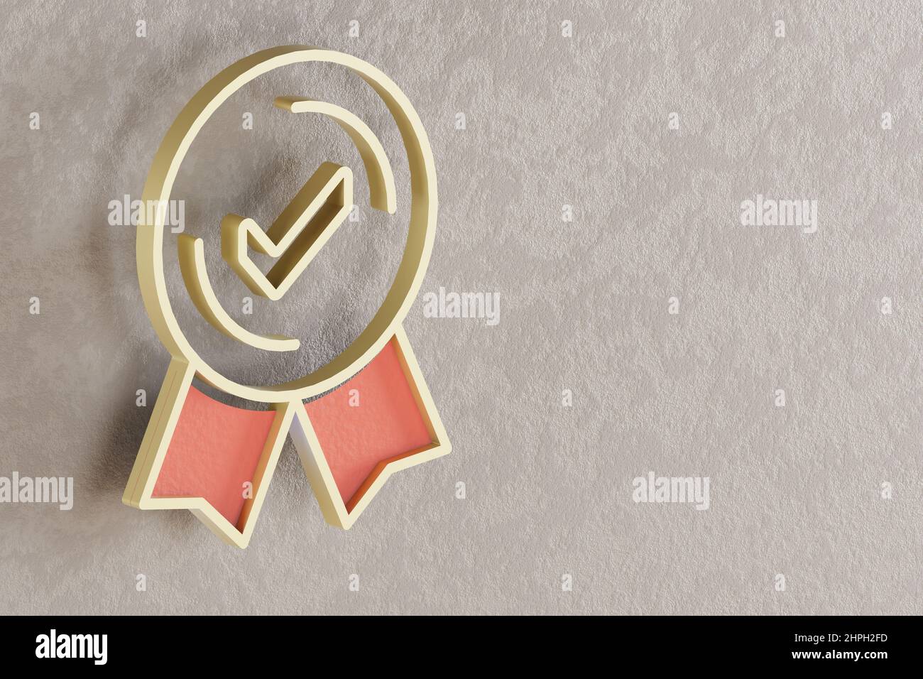 Beautiful golden Check mark Badge symbol on wall bright background. 3d ...