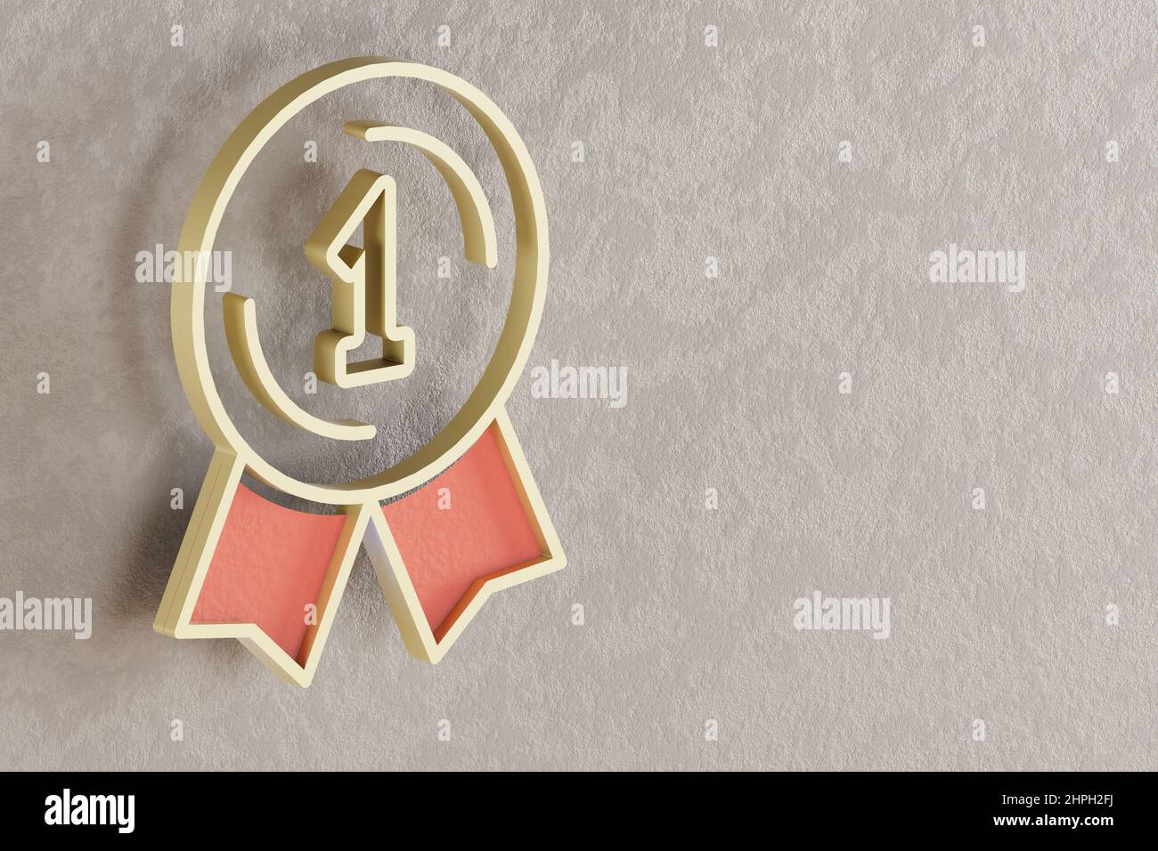 Beautiful golden first 1 Badge symbol on wall bright background. 3d ...