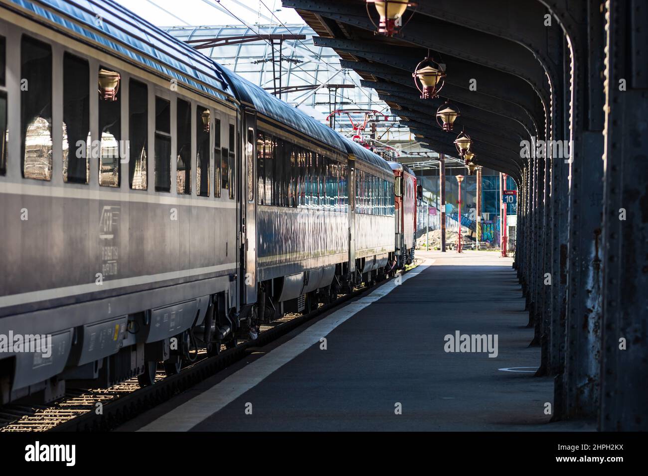 Train in motion or at train platform at Bucharest North Railway Station ...