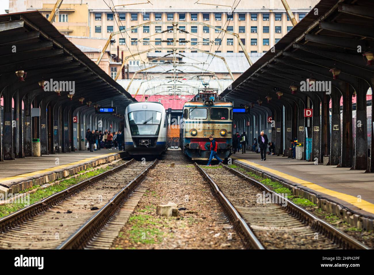 Train in motion or at train platform at Bucharest North Railway Station ...
