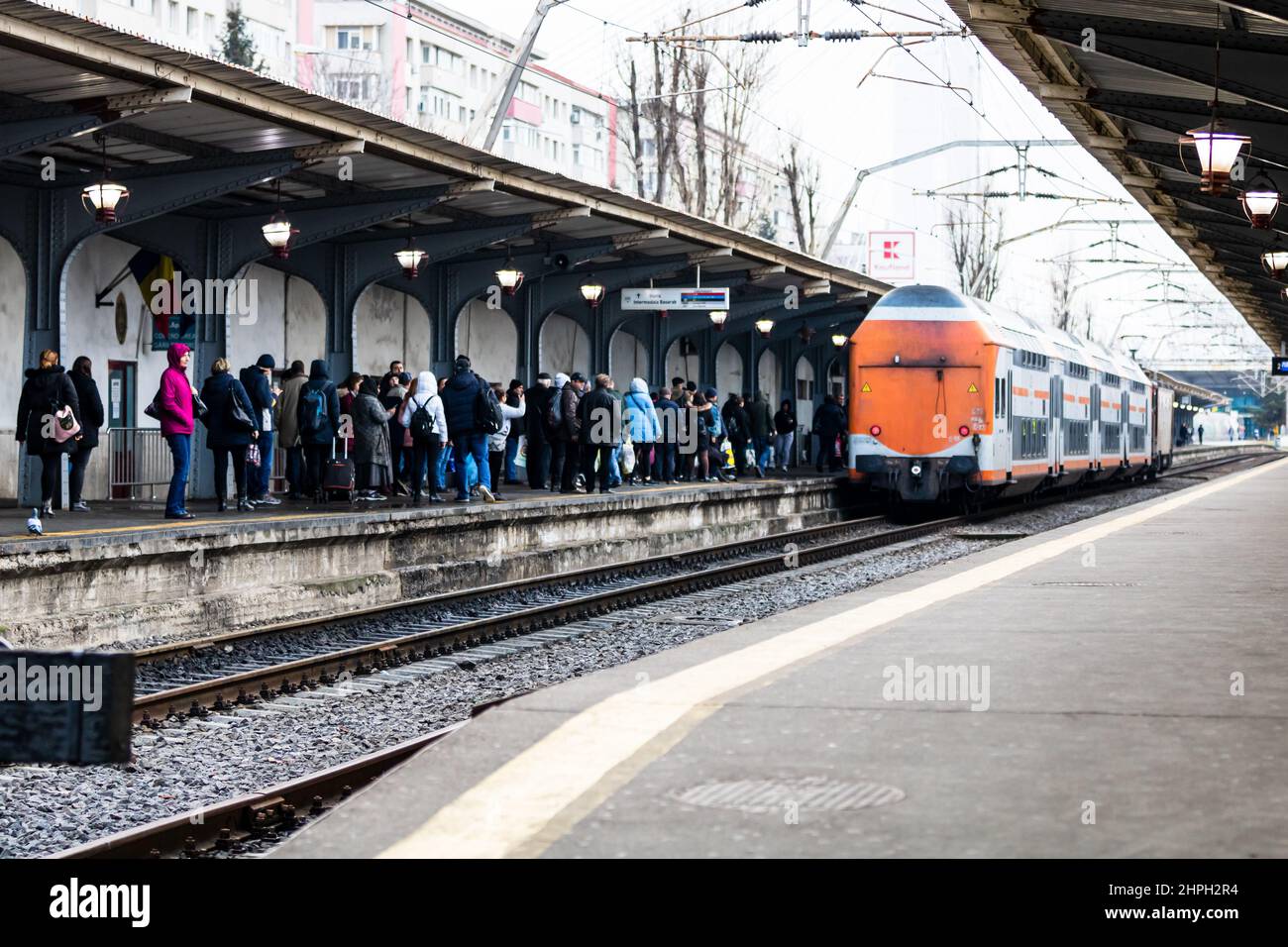 Train in motion or at train platform at Bucharest North Railway Station ...