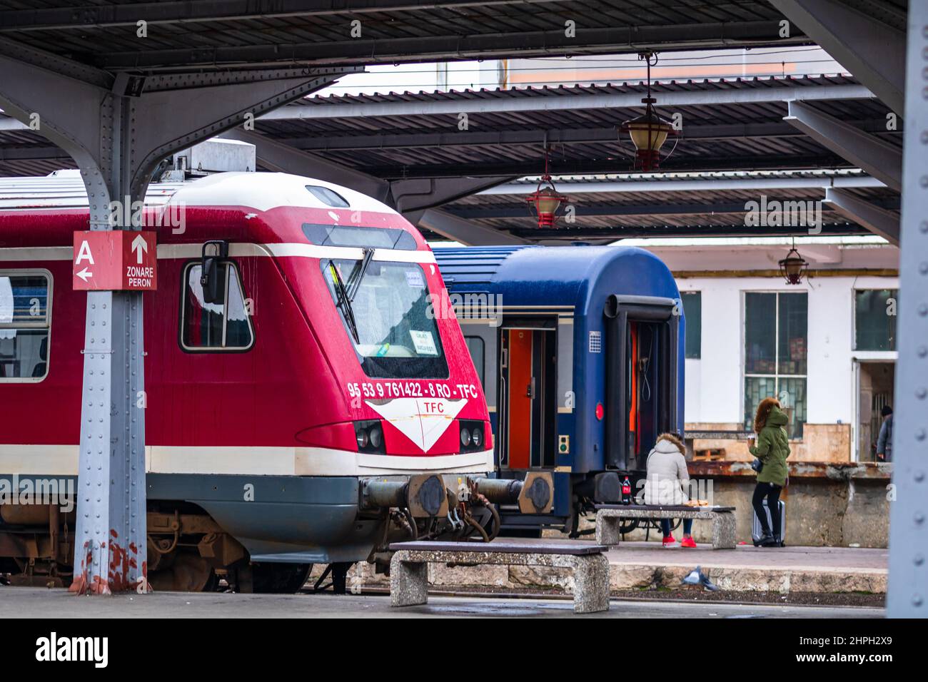 Train in motion or at train platform at Bucharest North Railway Station ...