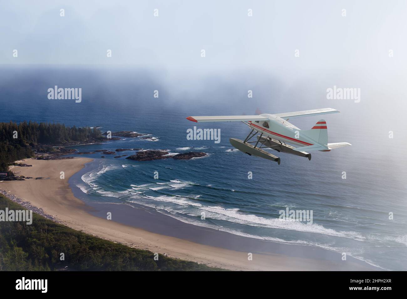 Seaplane Flying over the West Coast Pacific Ocean at sunset Stock Photo ...