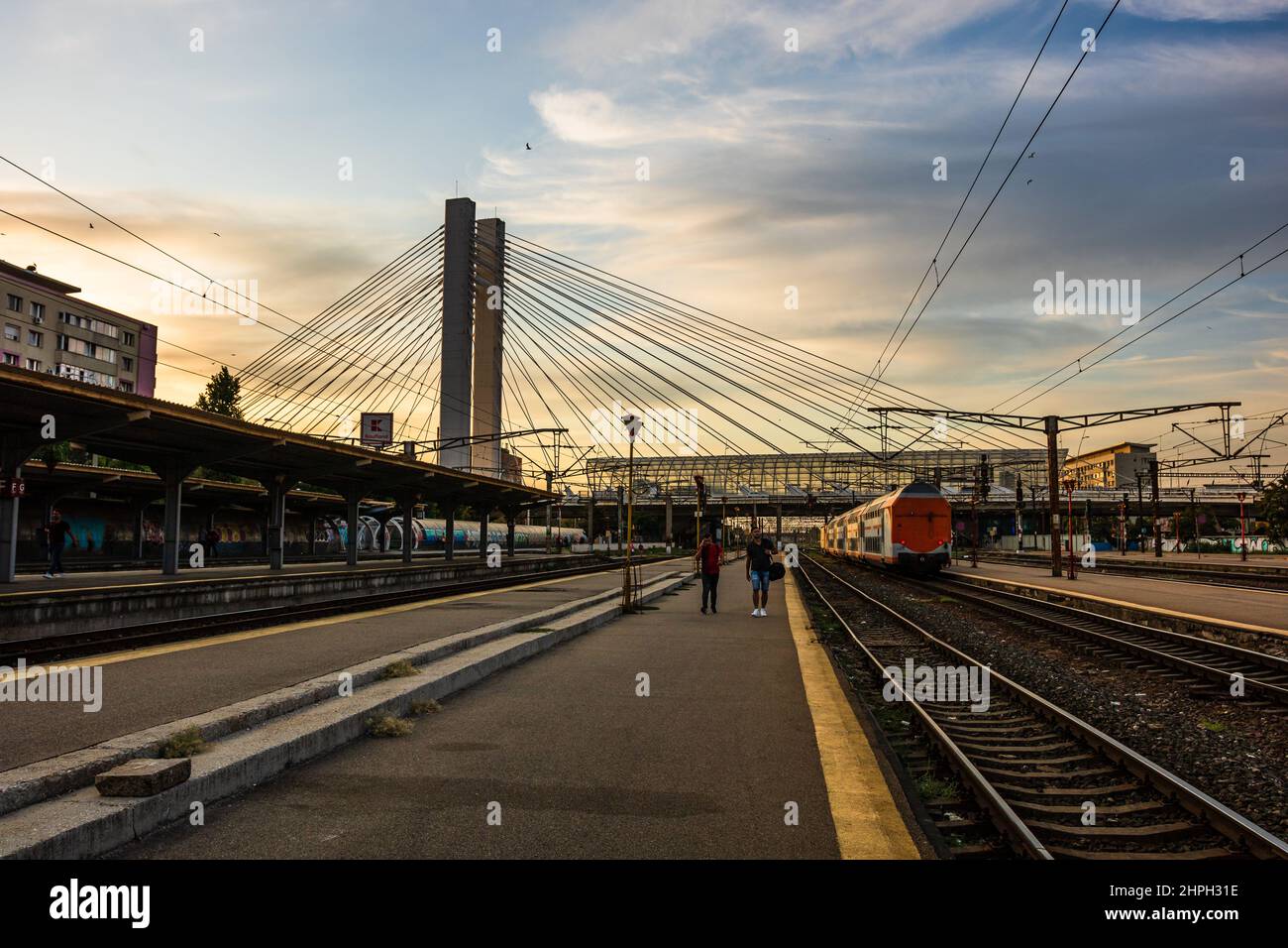 Train in motion or at train platform at Bucharest North Railway Station ...